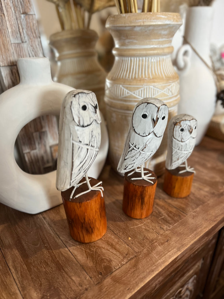 Set of 3 White timber owl on natural stand – Bali Beach Beyond