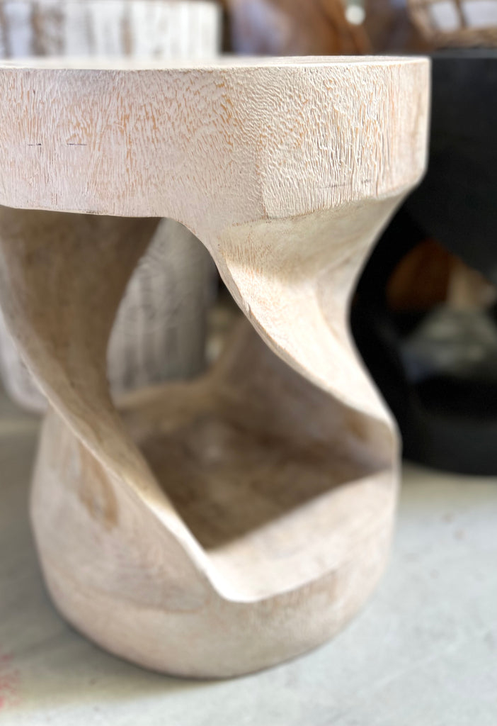 White twisted timber stool / side table – Bali Beach Beyond