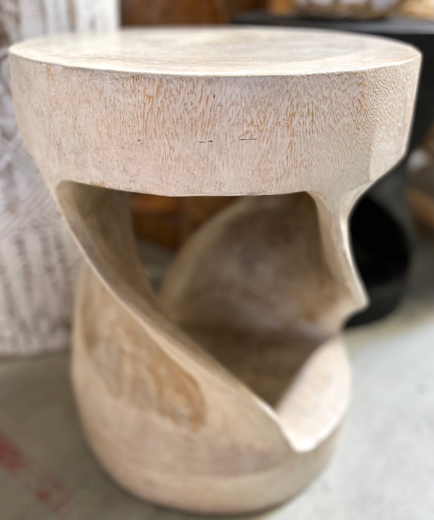 White twisted timber stool / side table – Bali Beach Beyond