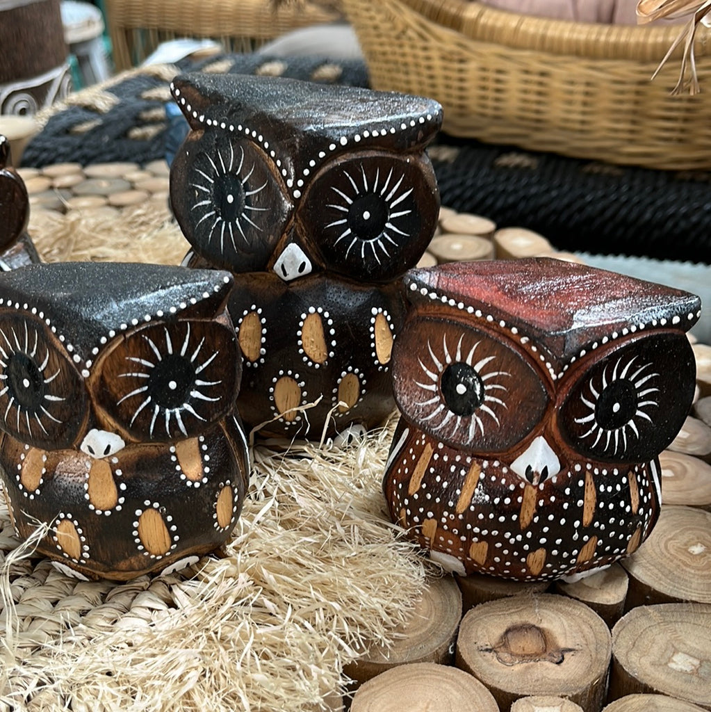 Set 3 timber owls. Detailed. Design 2 – Bali Beach Beyond
