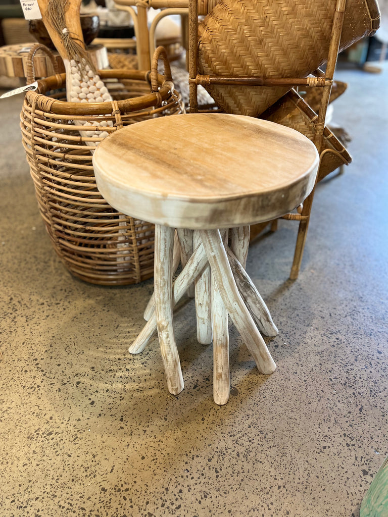Timber round stool #2 / side table. Angled legs. White wash – Bali ...