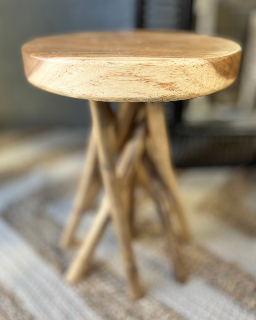 Timber round stool / side table. Angled legs. Natural – Bali Beach Beyond