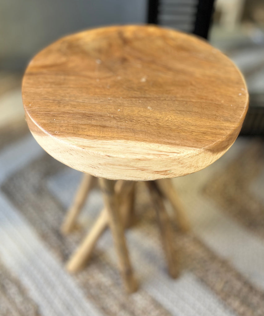 Timber round stool / side table. Angled legs. Natural – Bali Beach Beyond