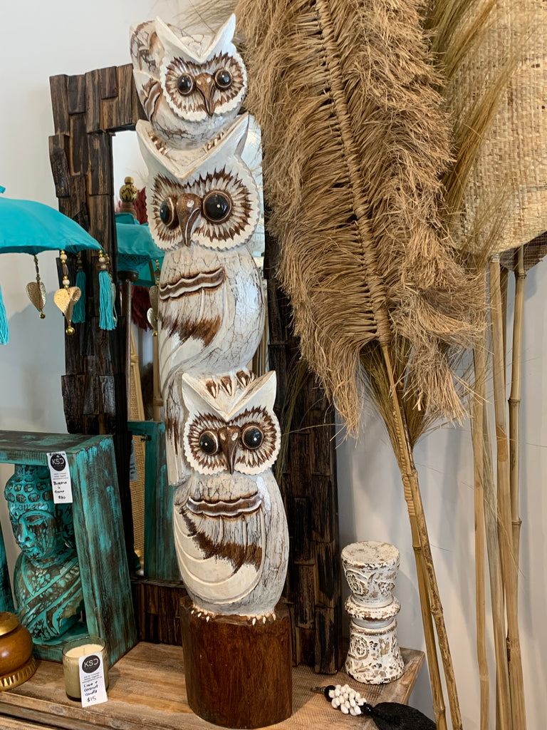 Large timber owl. Handpainted. White. 100cm – Bali Beach Beyond