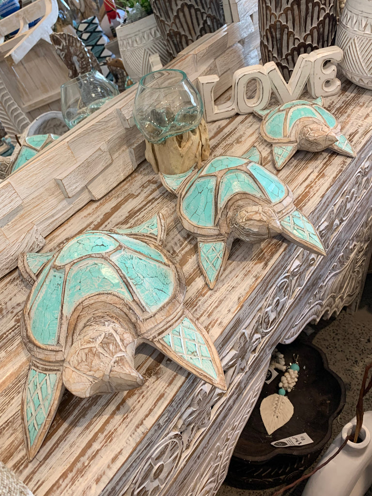 Set 3 turquoise timber turtles. Larger style – Bali Beach Beyond