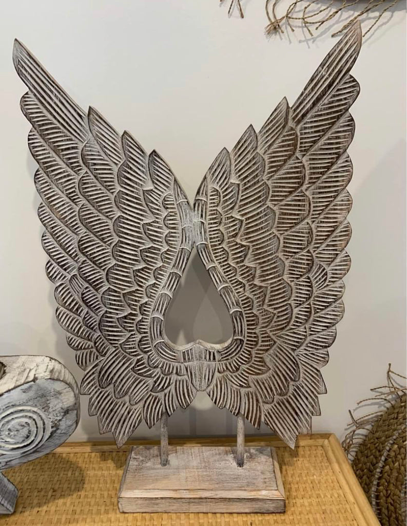 Carved timber angel wings natural. 60cm h – Bali Beach Beyond