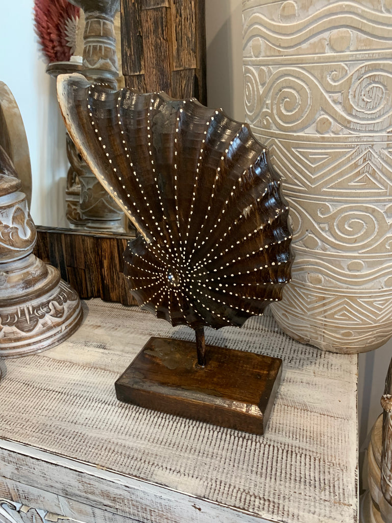 Carved timber shell on stand. Brown. Design 2. L – Bali Beach Beyond