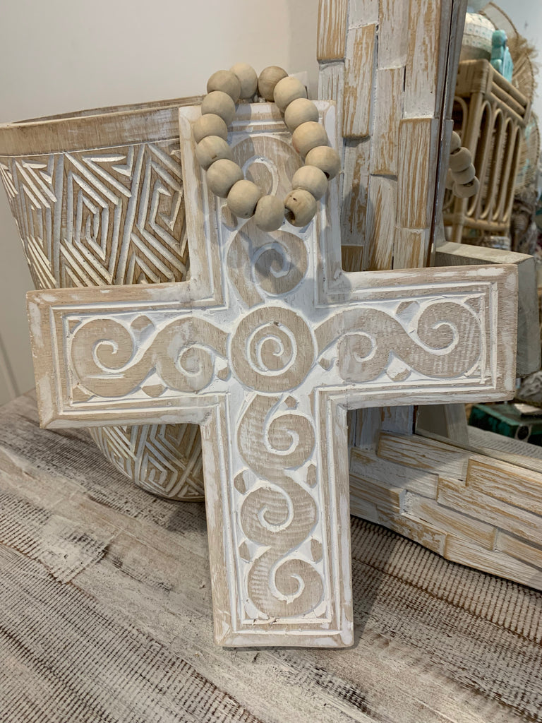 Natural carved timber cross and beads – Bali Beach Beyond