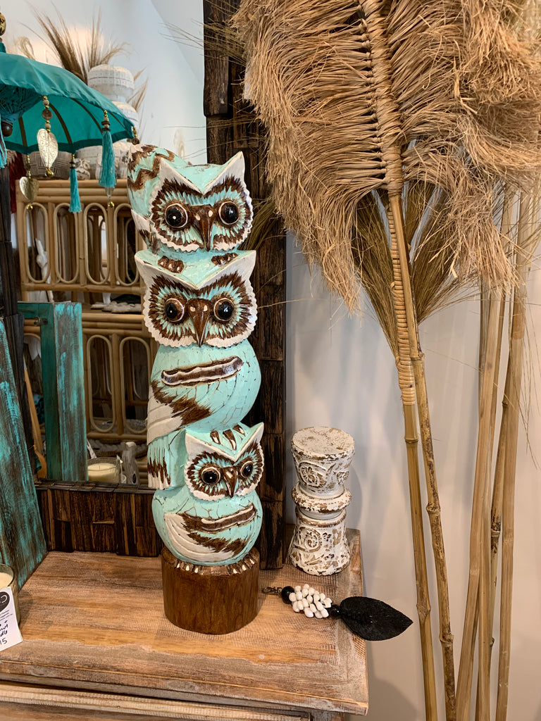 Large timber owl. Handpainted. Aqua. 60cm – Bali Beach Beyond