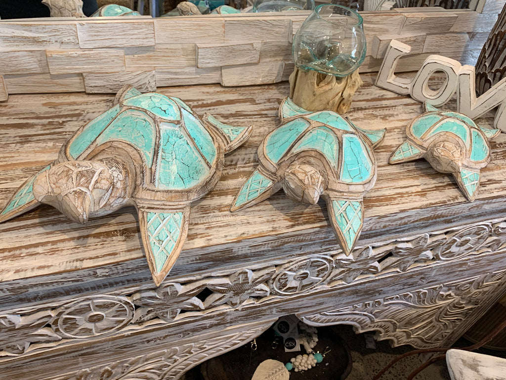Set 3 turquoise timber turtles. Larger style – Bali Beach Beyond