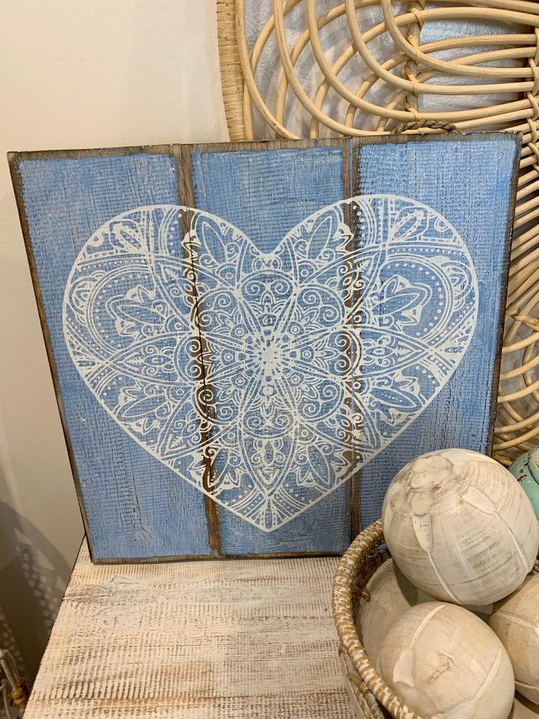 Mandala painted blue heart wall hanging – Bali Beach Beyond