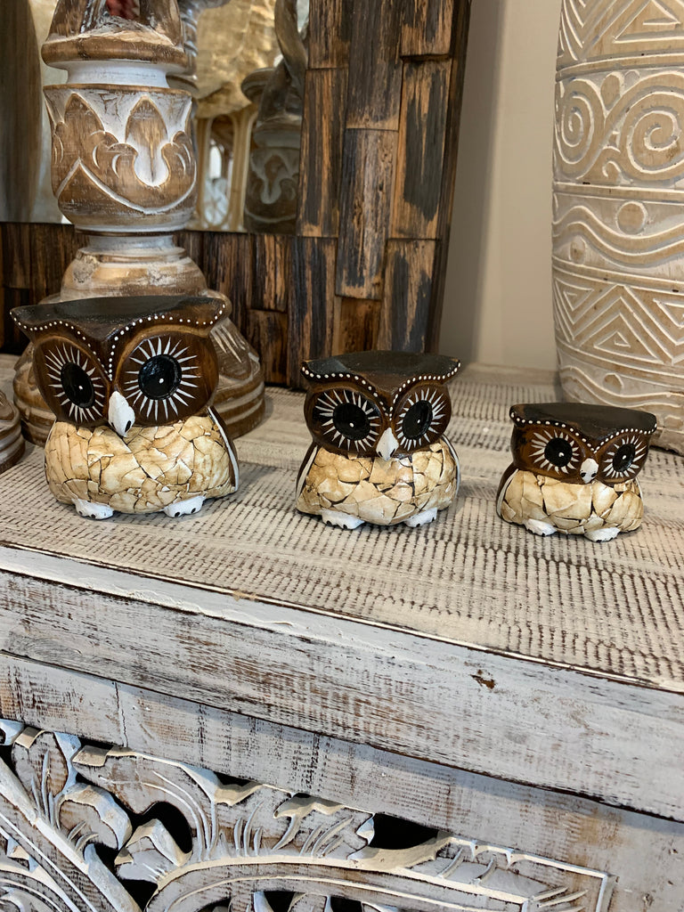 Set 3 timber owls. Detailed. Design 4 – Bali Beach Beyond