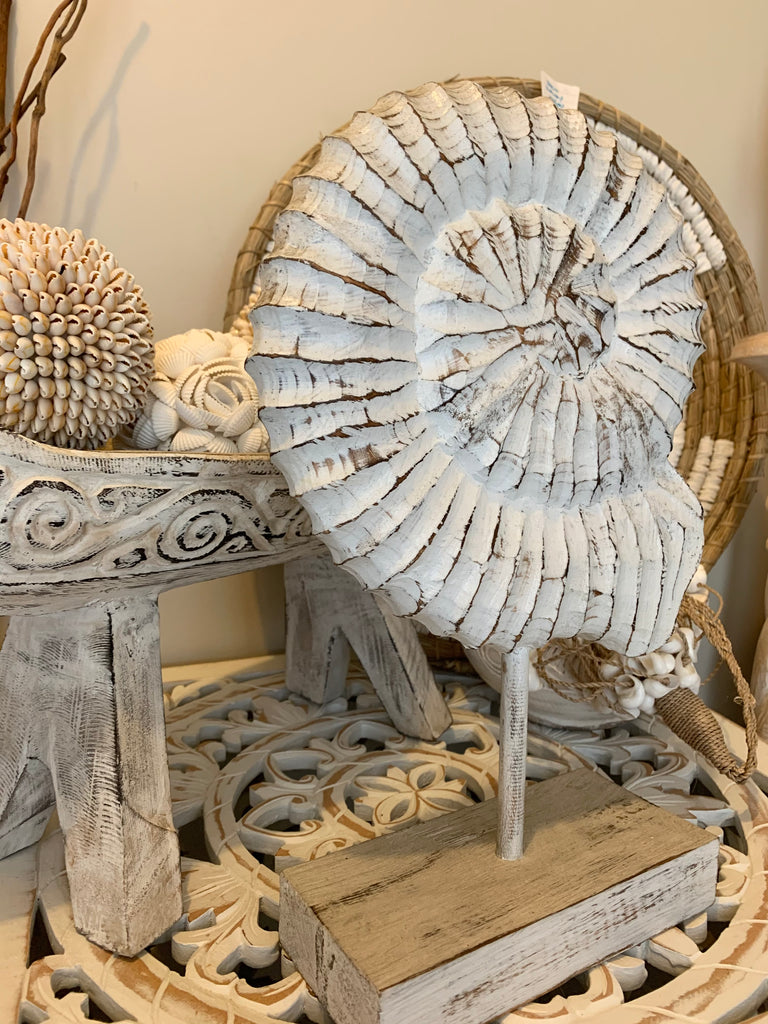 Carved timber shell on stand. Large – Bali Beach Beyond