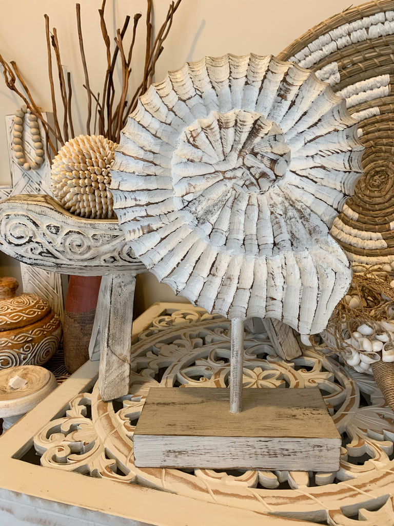 Carved timber shell on stand. Large – Bali Beach Beyond