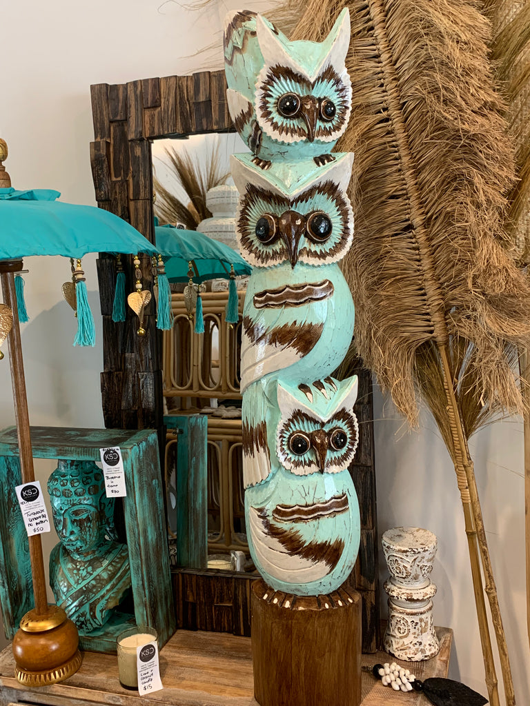 Large timber owl. Handpainted. Aqua. 100cm – Bali Beach Beyond