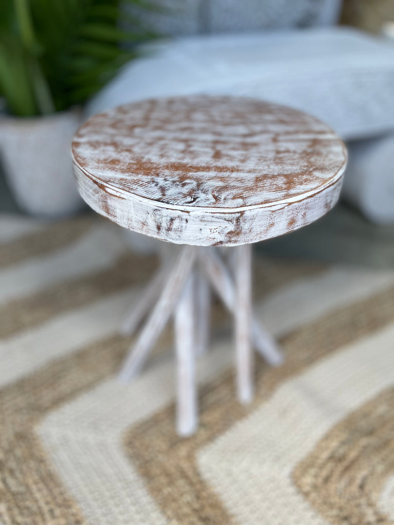 Timber round stool #2 / side table. Angled legs. – Bali Beach Beyond