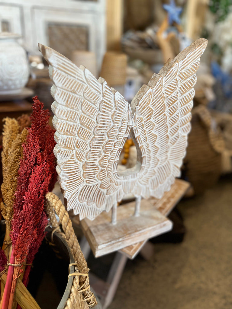 Carved timber angel wings natural. 38cm h – Bali Beach Beyond