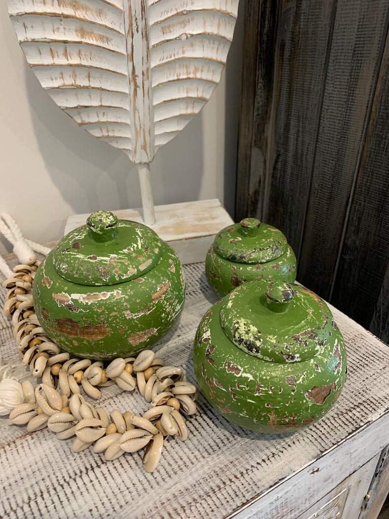 Set 3 rustic green timber pots with lids – Bali Beach Beyond